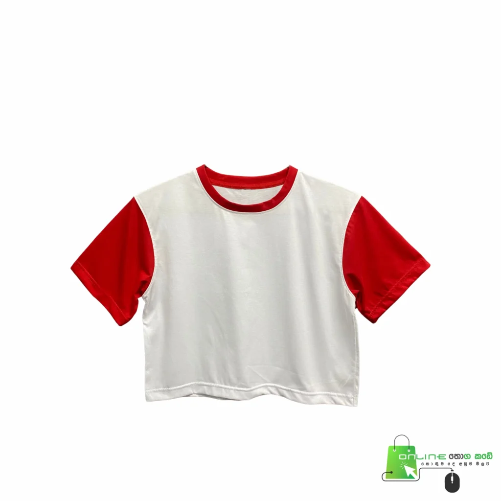 Red Mix Sleeve Women’s Crew Neck White Color Crop Top - Onlinethogakade