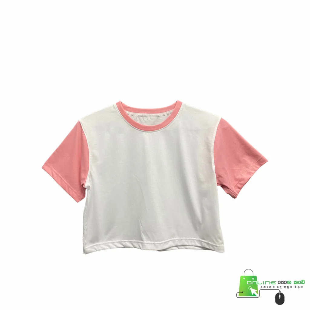 Pastel Light Pink Mix Sleeve Women’s Crew Neck White Color Crop Top ...